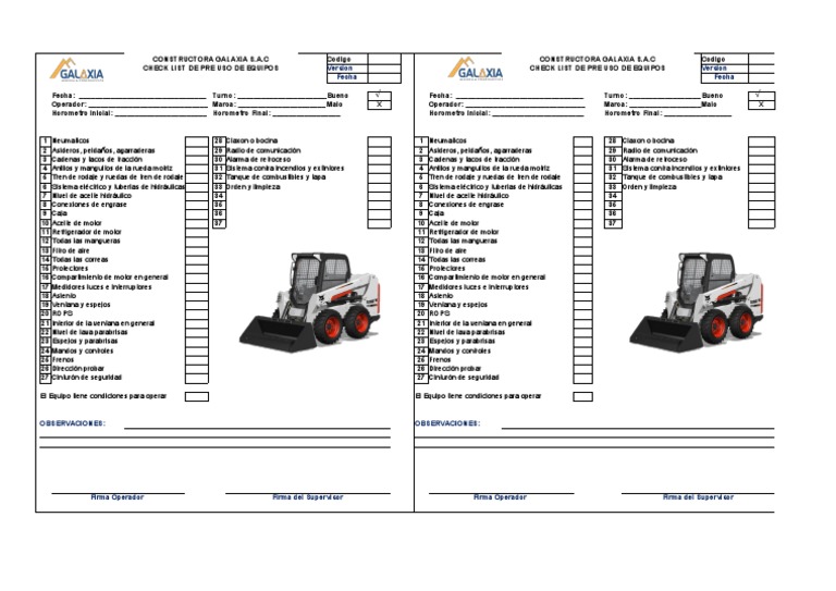 Check List Pre Uso Bobcat y Minicargadores | PDF | Tecnologías ...