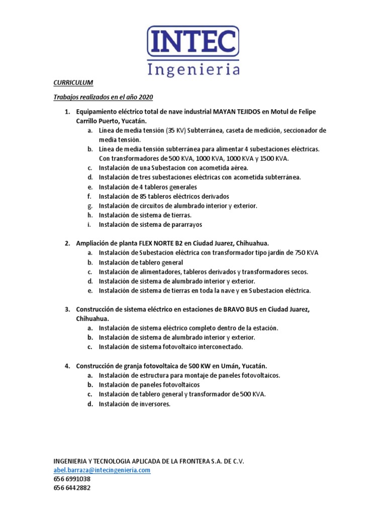 Curriculum Intec Ingenieria Jun 2022 | PDF | Subestacion electrica ...