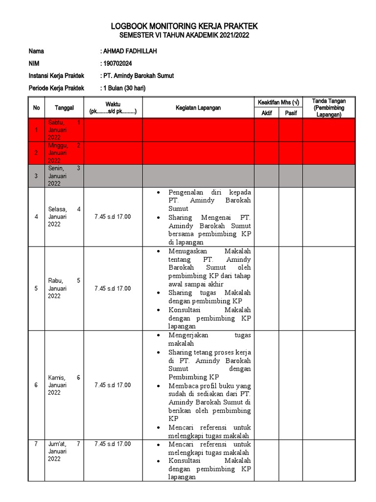 Lampiran 5 - Logbook - Monitoring Kerja Praktek - TL - 2020 | PDF