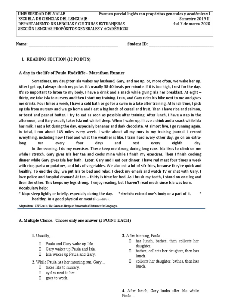 Mid-Term Exam English I 2019II | PDF | Lunch | Food And Drink