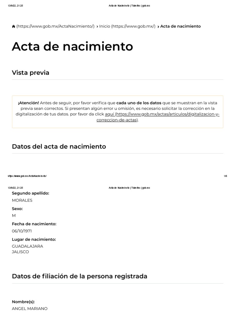 Acta de Nacimiento - Trámites - Gob - MX | PDF | Certificado de ...