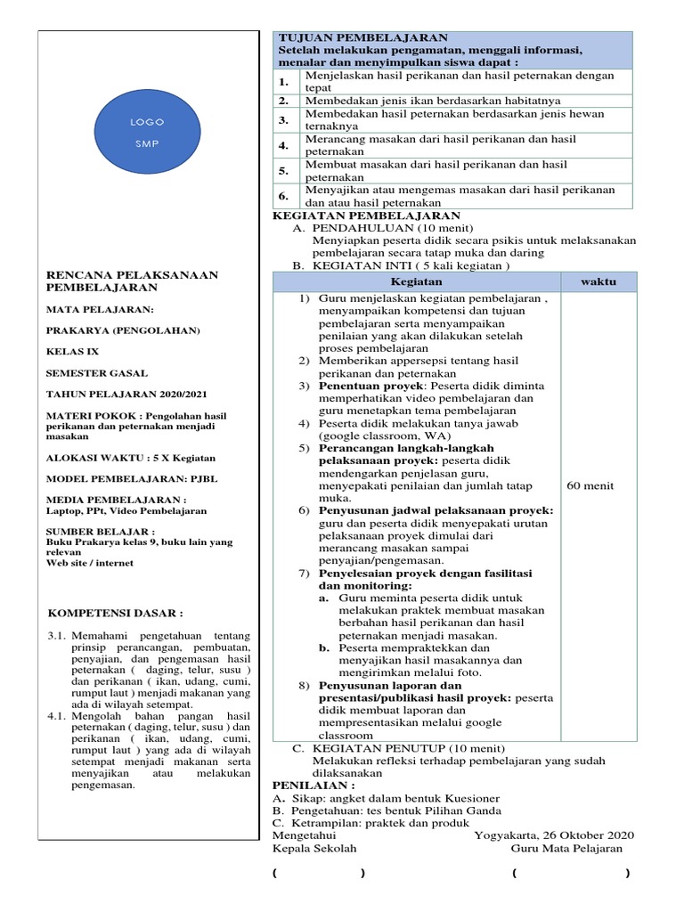 Contoh RPP 1 Lembar Prakarya SMP | PDF