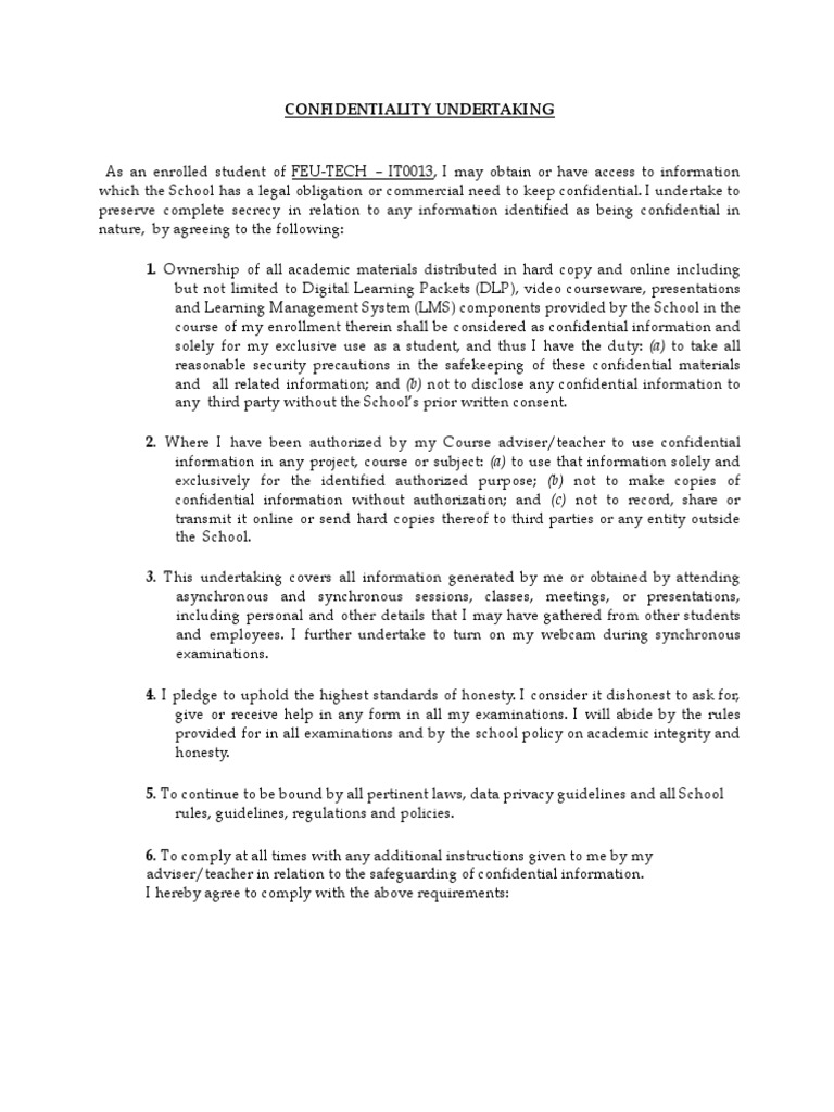 FEU-TECH Student Confidentiality Agreement | PDF | Confidentiality ...
