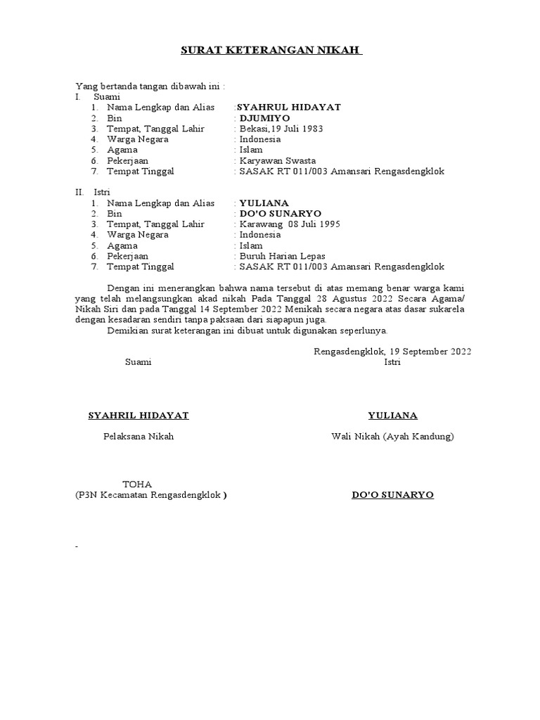 Surat Keterangan Nikah | PDF