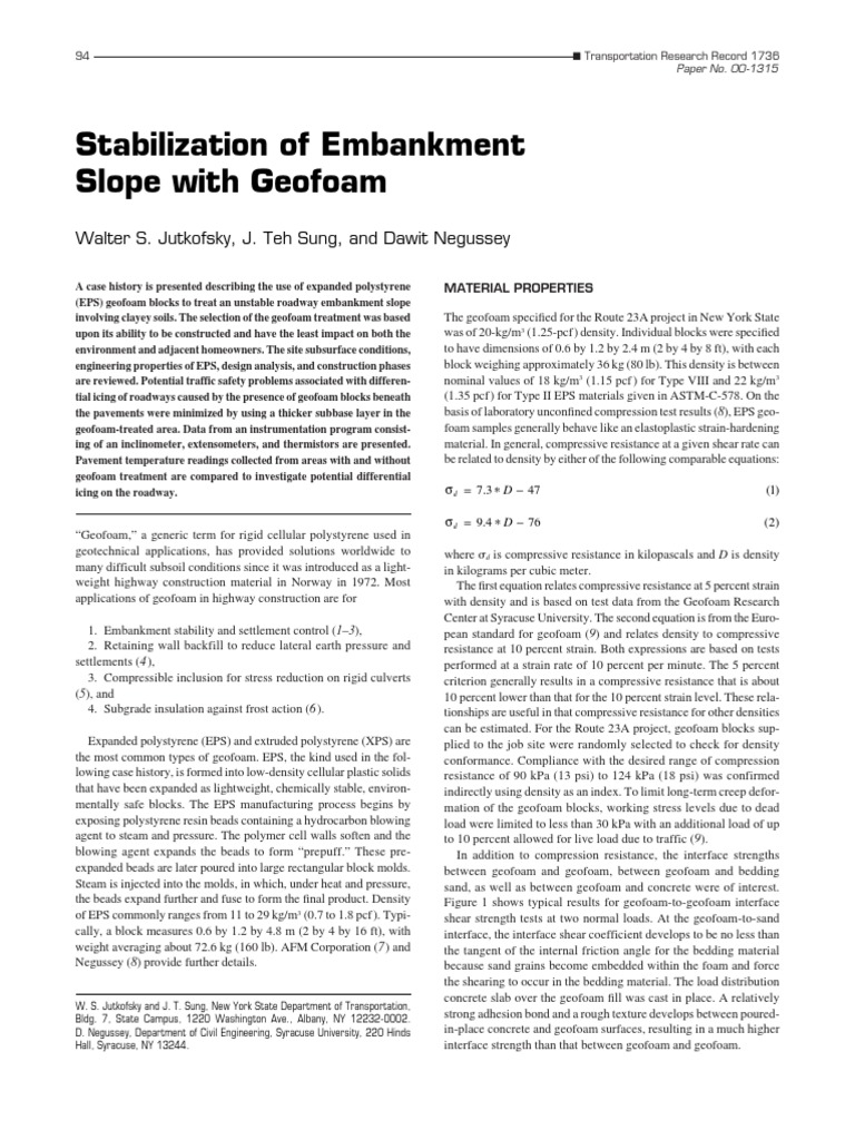 Stabilization of Embankment Slope With Geofoam | PDF | Polystyrene | Ice