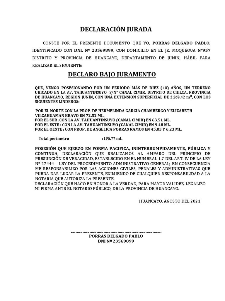 Declaracion Jurada 2021 Posesion | PDF | Comunicación legal | Ley Pública