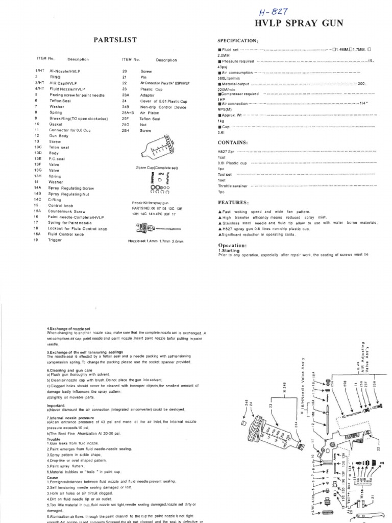 H-827 Carbole HVLP Spray Gun Manual | PDF