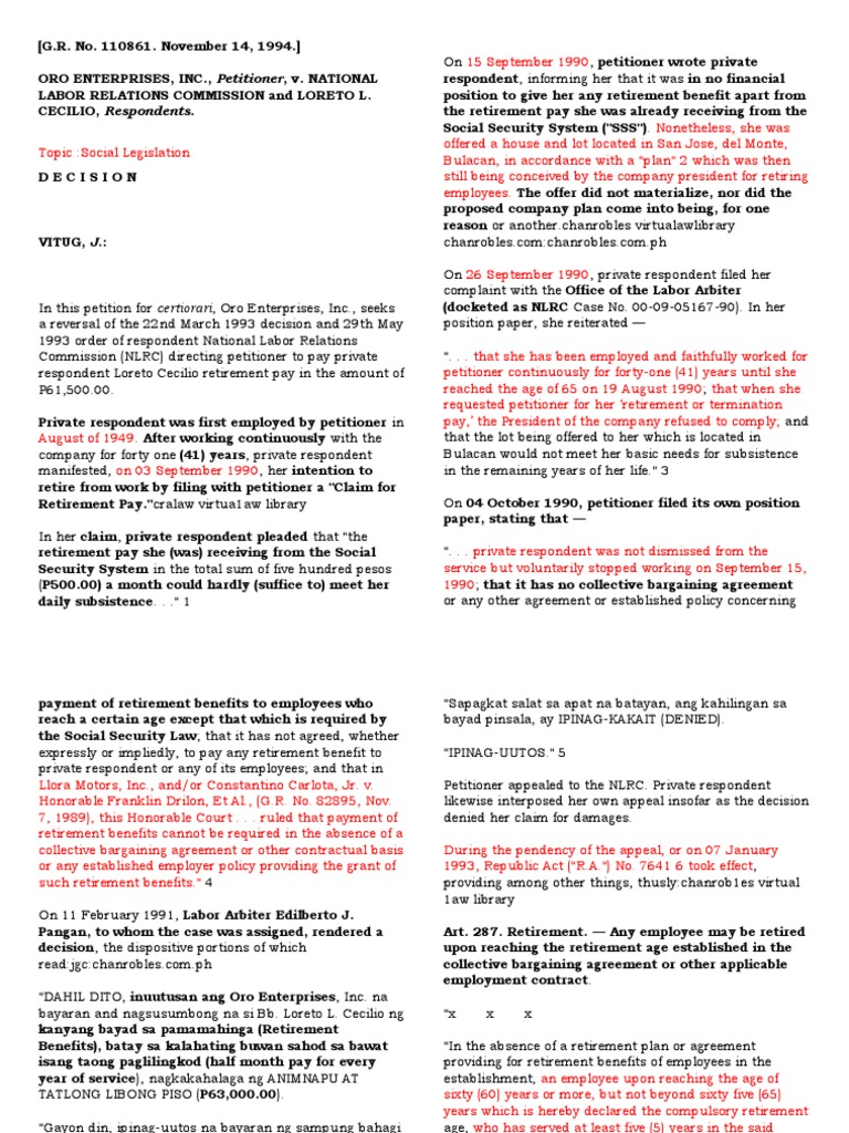 Retirement Benefits Under Social Legislation: Applying Republic Act No ...