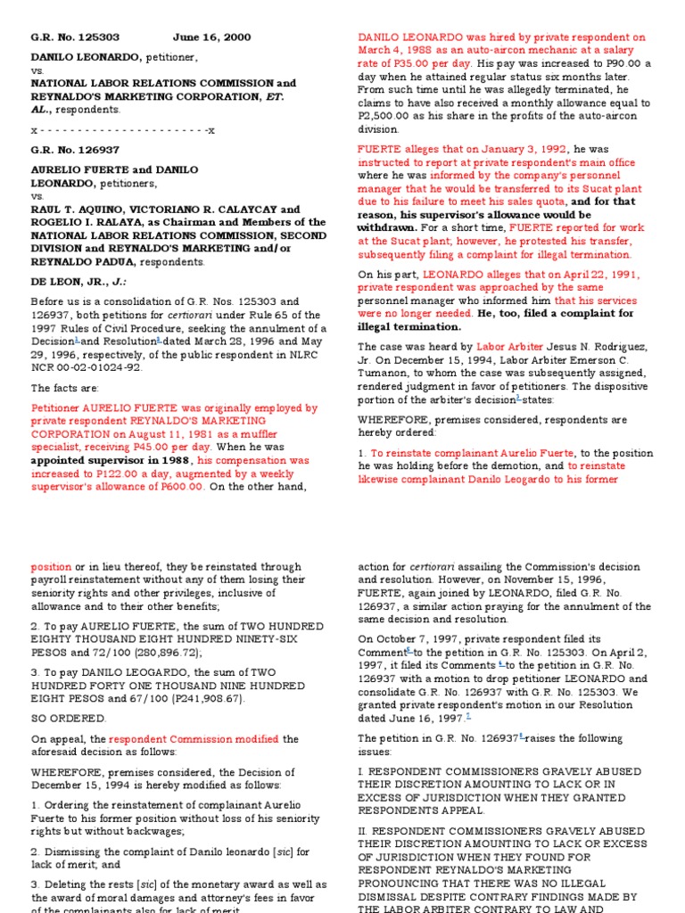 Analysis of a Labor Dispute Regarding Claims of Illegal Termination and ...