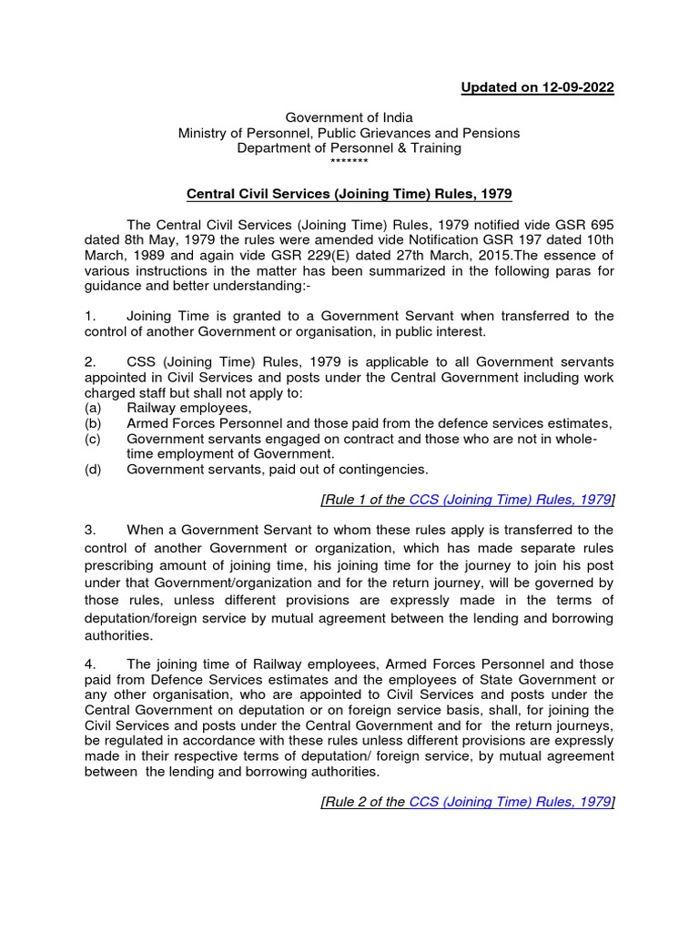 Consolidated Joining Time Rulesi UBTX | PDF | Civil Service | Government