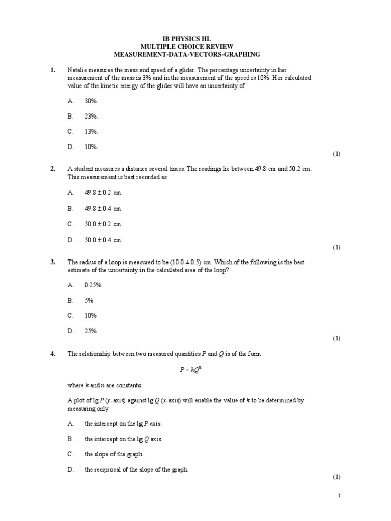 IB PHYSICS HL MULTIPLE CHOICE REVIEW MEASUREMENT-DATA-VECTORS-GRAPHING ...