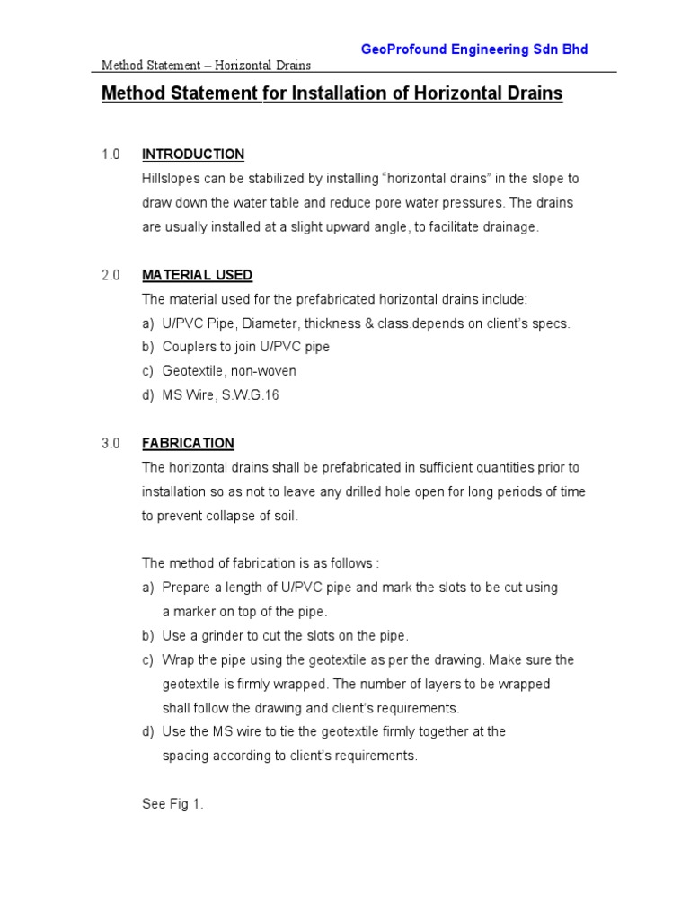 Horizontal Drain Method Statement | Download Free PDF | Drainage | Pipe (Fluid Conveyance)