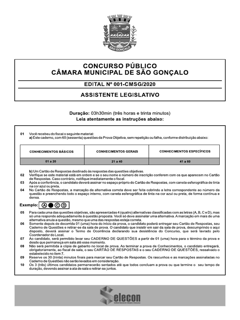 Selecon 2022 Camara de Sao Goncalo RJ Assistente Legislativo Prova | PDF Selecon 2022 Camara de Sao Goncalo RJ Assistente Legislativo Prova | PDF