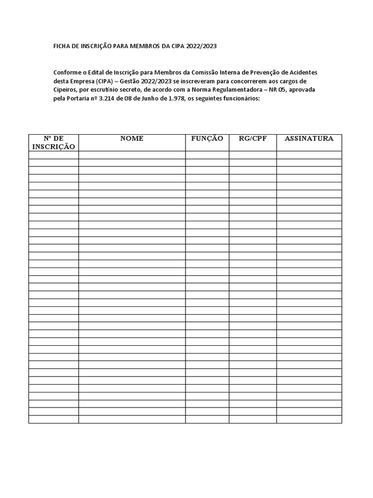 Ficha de Inscrição para Membros Da Cipa 2022 | PDF