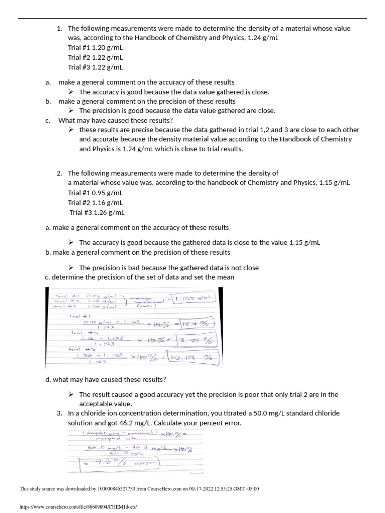 CHEM1 | PDF | Accuracy And Precision | Density