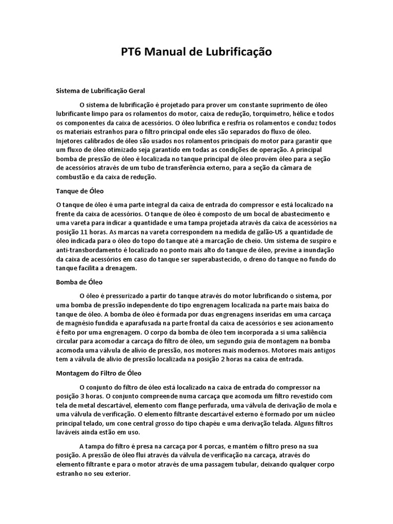 Manual de Lubrificação PT6: Sistema e Componentes | PDF | Válvula | Bomba