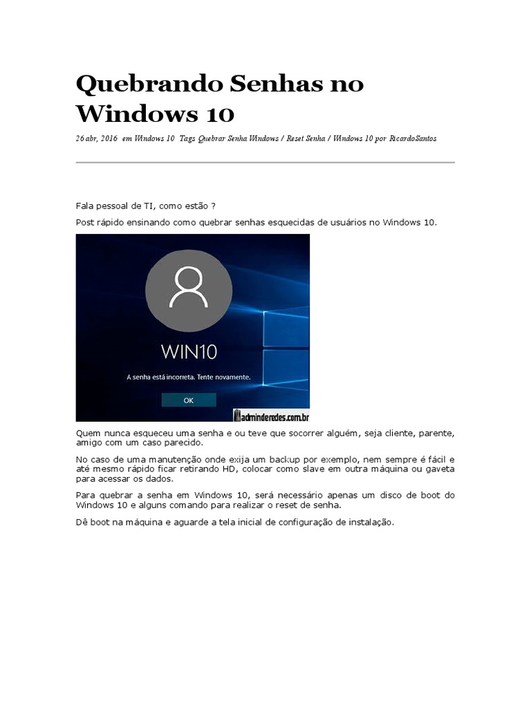 Tutorial Quebrando Senhas No Windows 10 | PDF | Windows 10 | Microsoft ...