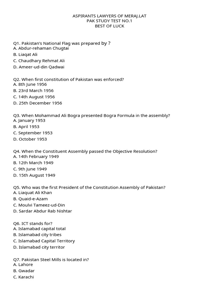 Pakistan Studies Practice Test: Questions on History, Geography and ...