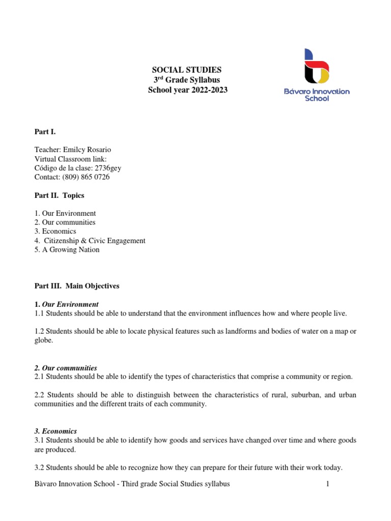 3rd Grade Social Studies Syllabus 2022-23 | PDF | Community | Teachers
