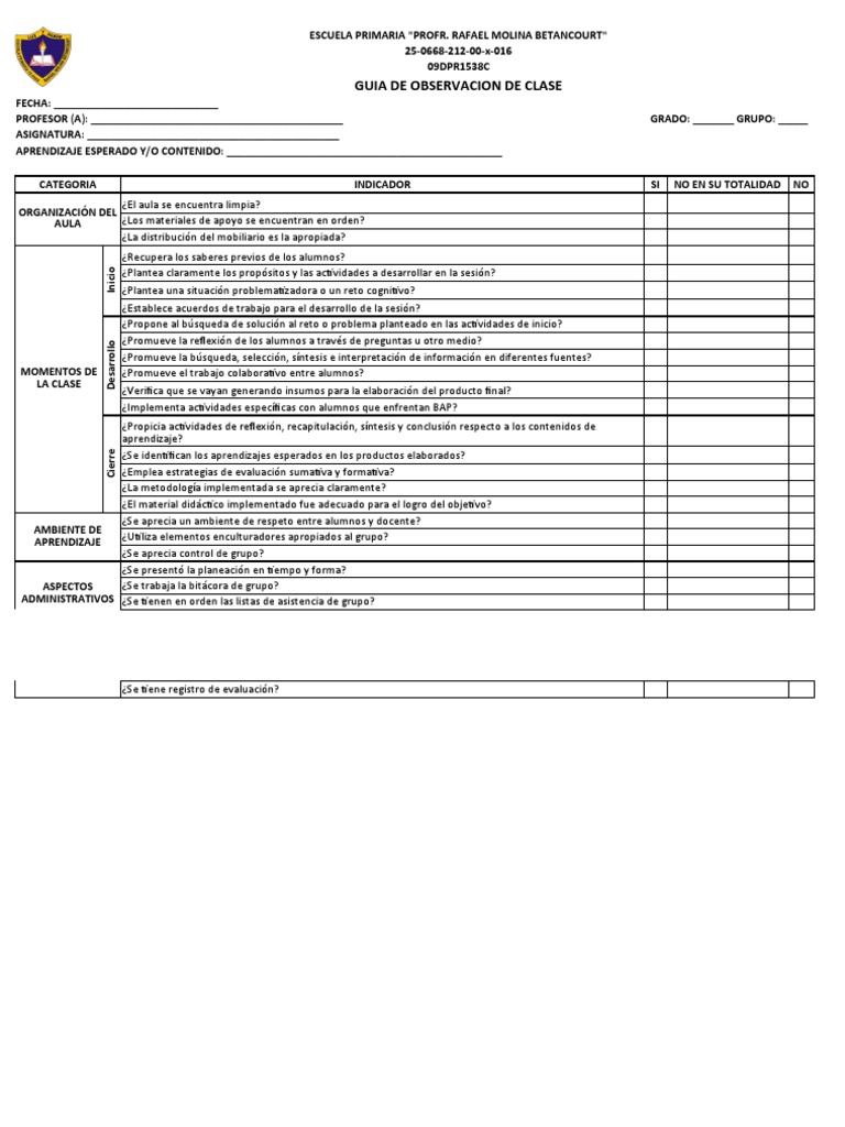 Guia de Observacion de Clase | PDF | Evaluación | Aprendizaje