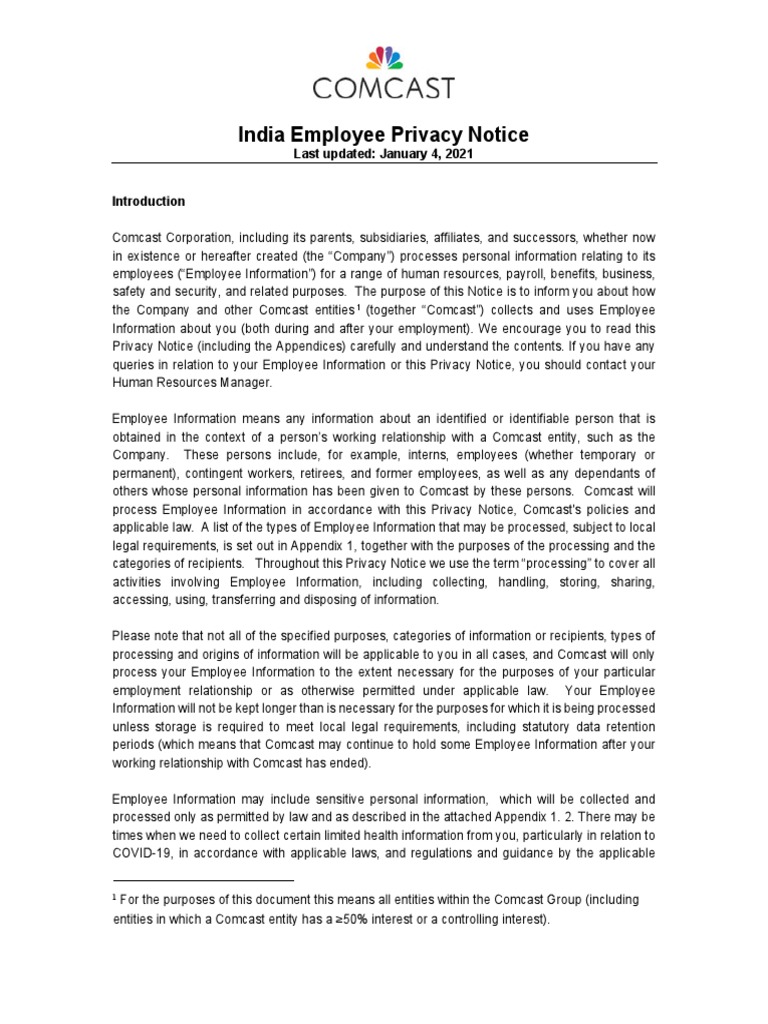 India EmployeePrivacyNoticeJanuary2021 | PDF | Employment | Privacy