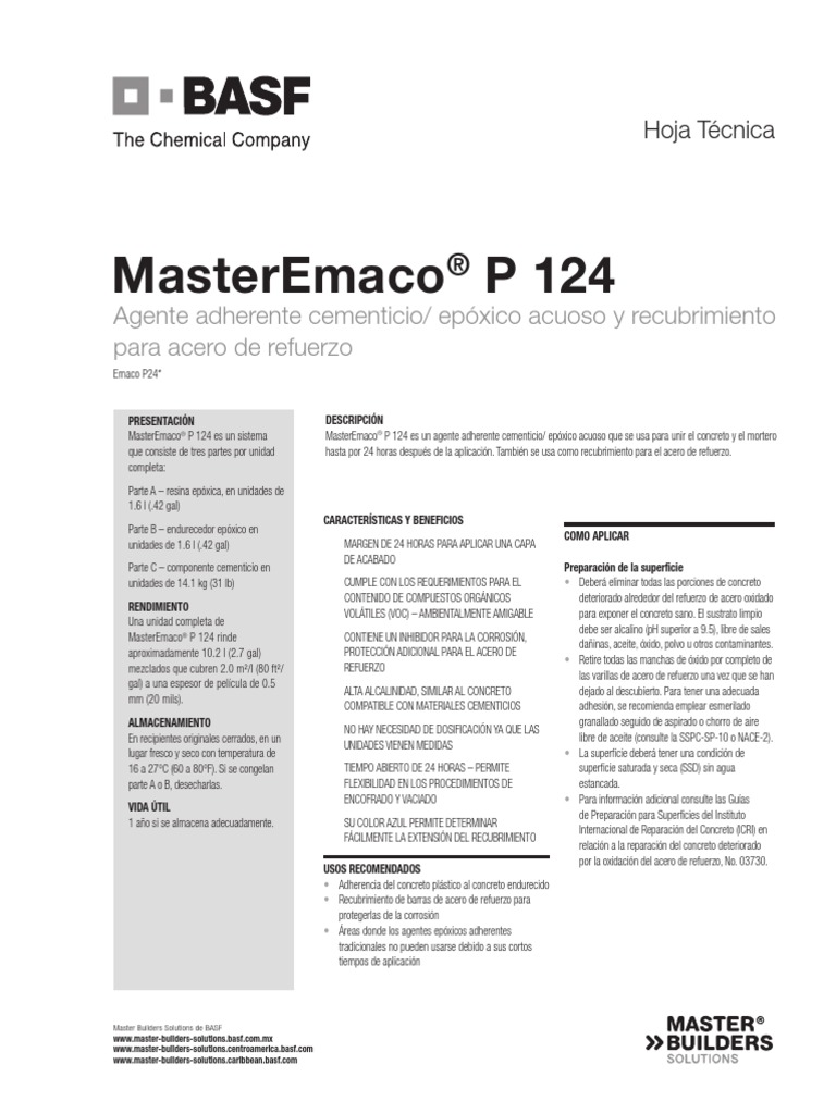Basf MasterEmaco P 124 Tds | PDF | Hormigón | Acero