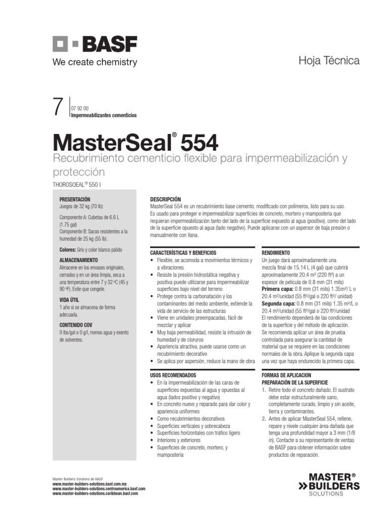 BASF MasterSeal 554 - Ficha Técnica | PDF | Hormigón | Agua