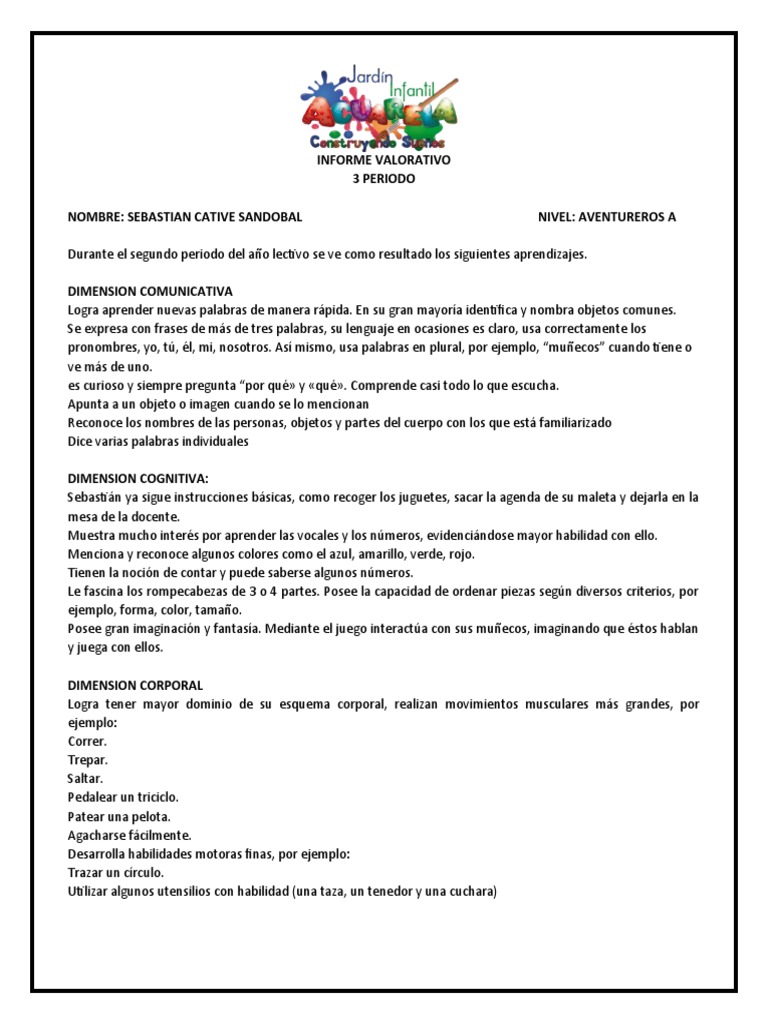 Informe Valorativo Tercer Periodo | PDF | Aprendizaje | Color