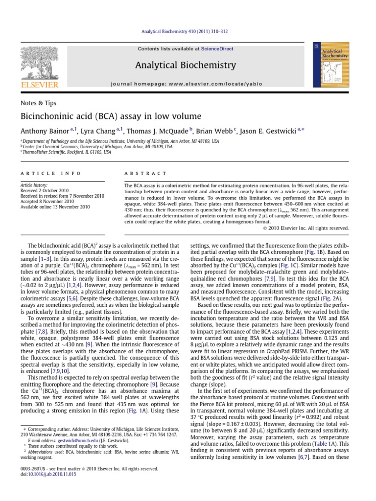 Bicinchoninic Acid (BCA) Assay in Low Volume | Download Free PDF ...