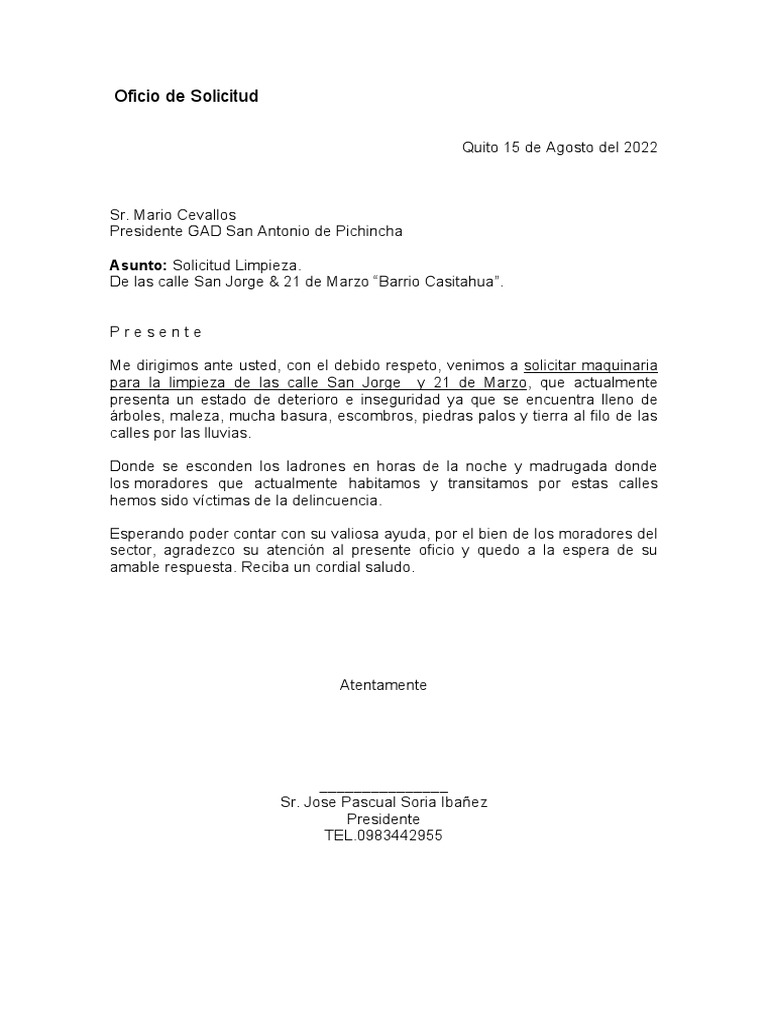 Oficio de Solicitud de Limpieza Del Barrio | PDF