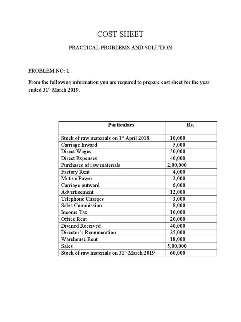 Practical Problems and Solution of Cost Sheet | PDF | Cost Of Goods Sold | Expense