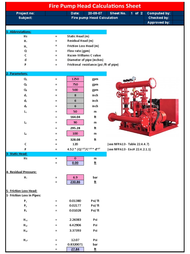 Fire Pump Head Calculation Sheet | PDF | Hydraulics | Plumbing