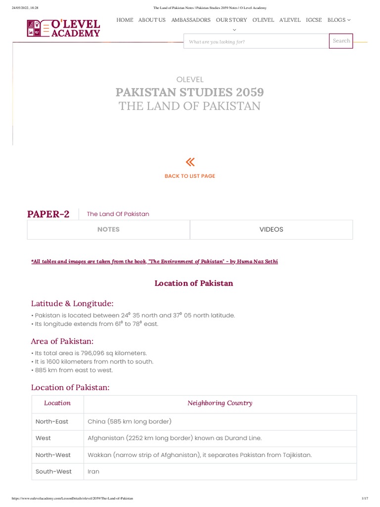 The Land of Pakistan Notes - Pakistan Studies 2059 Notes - O Level ...