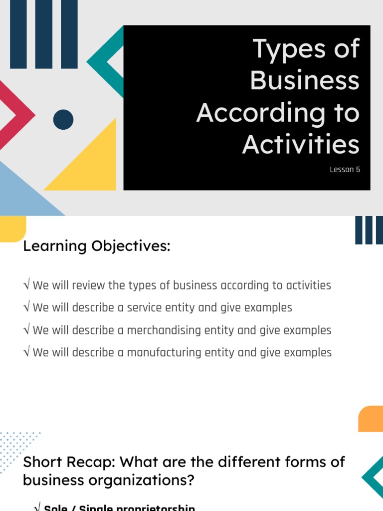 Lesson 5 - Types of Business According To Activities | PDF