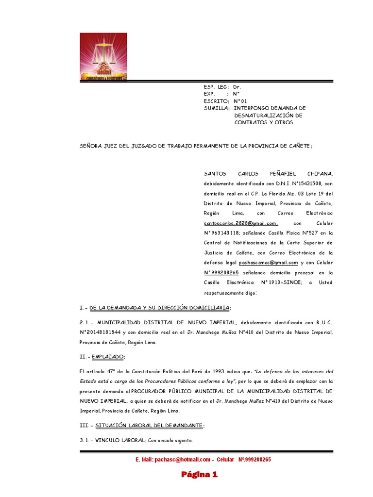 Demanda Laboral de Desnaturalización de Los Contratos | PDF | Derecho laboral | Constitución