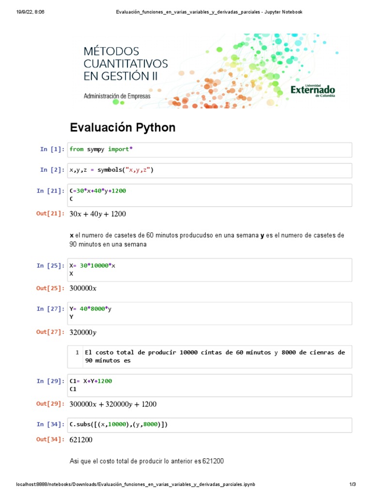 Evaluación Funciones en Varias Variables y Derivadas Parciales ... Evaluación Funciones en Varias Variables y Derivadas Parciales ...