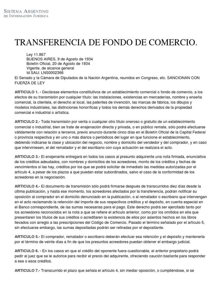 Ley Transferencia de Fondo de Comercio. | PDF | Buenos Aires