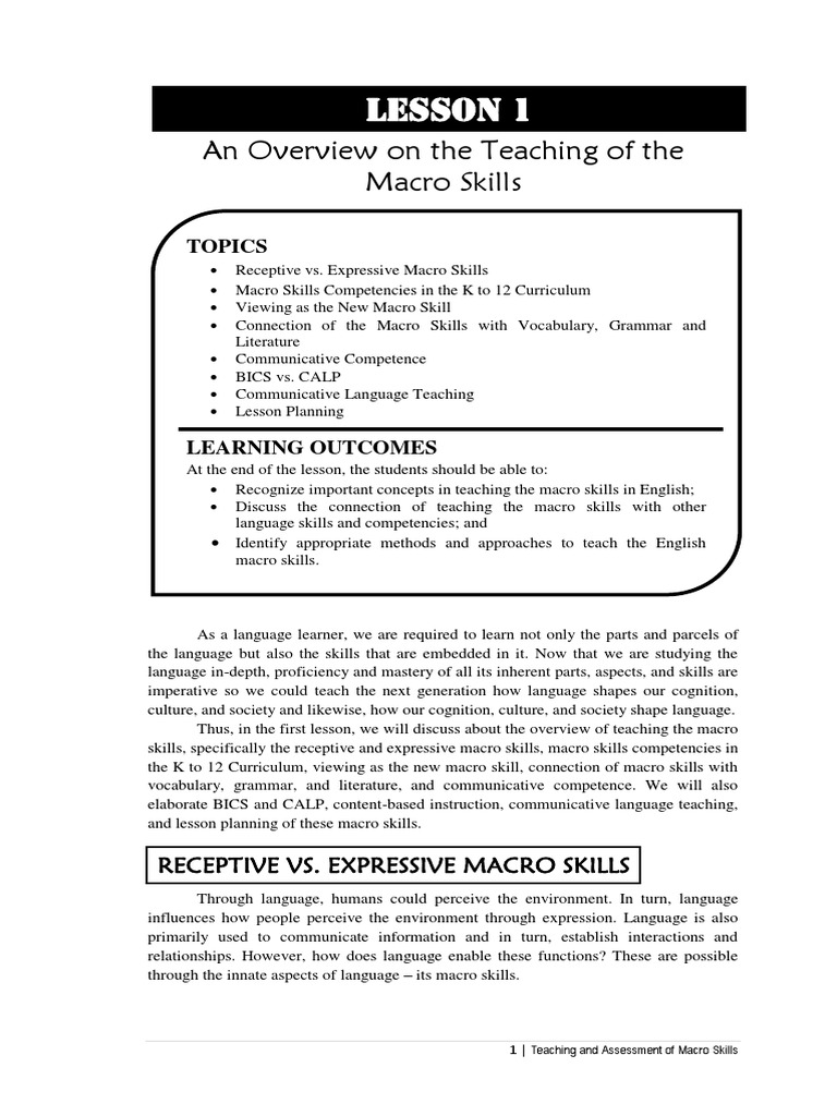Teaching and Assessment of Macroskills Lesson 1 | PDF | Learning ...