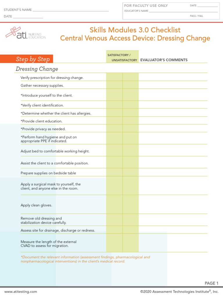Ati - Central Venous Access Devices - Dressing Change - Checklist ...