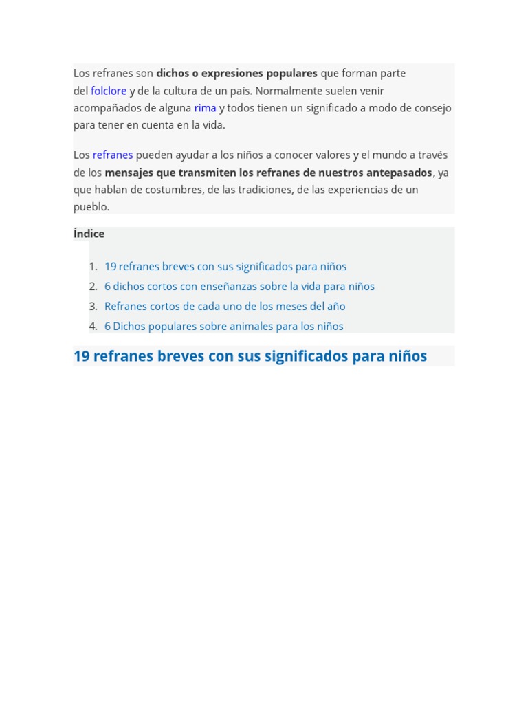 Refranes y dichos para niños | PDF