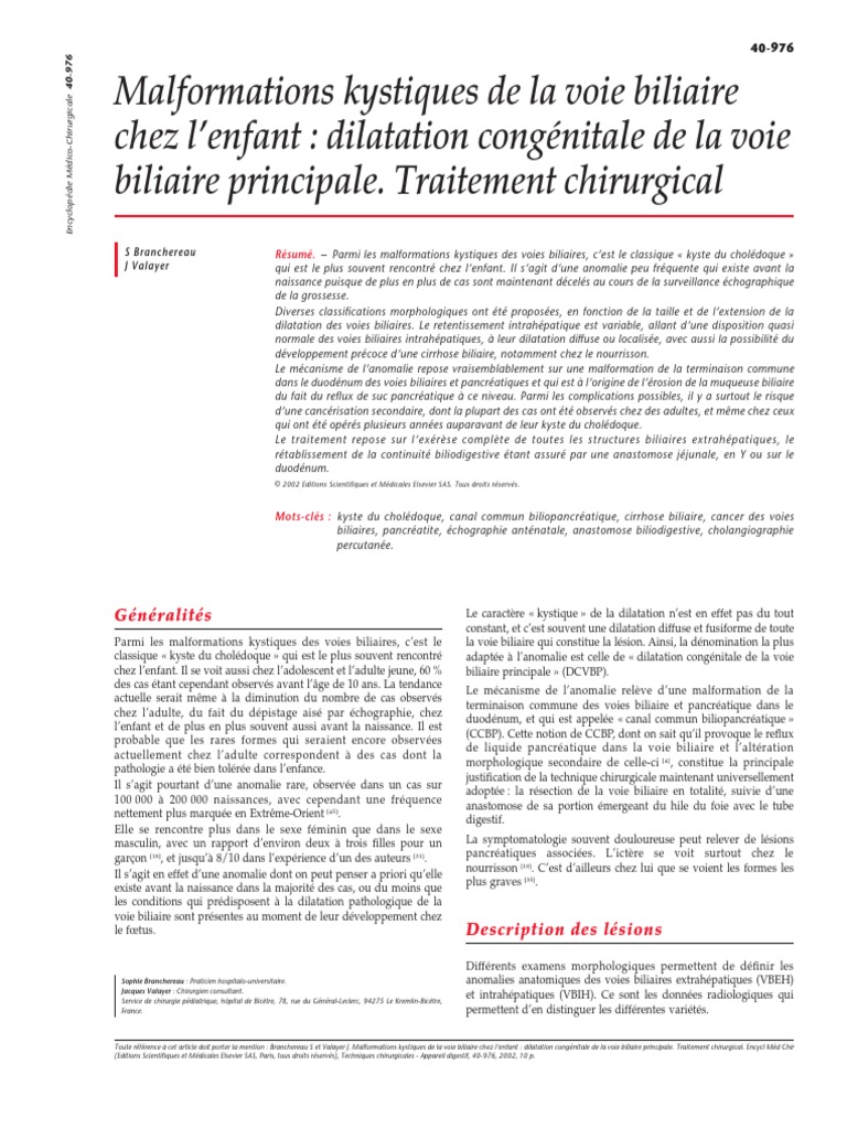 Malformations Kystiques de La Voie Biliaire Chez L'enfant | PDF ...