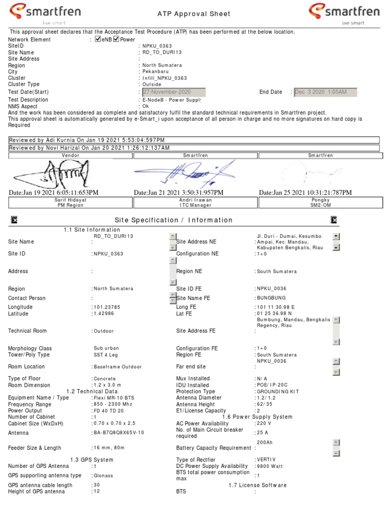 ATP Approval Sheet for Smartfren Site | PDF | Electric Power | Wireless