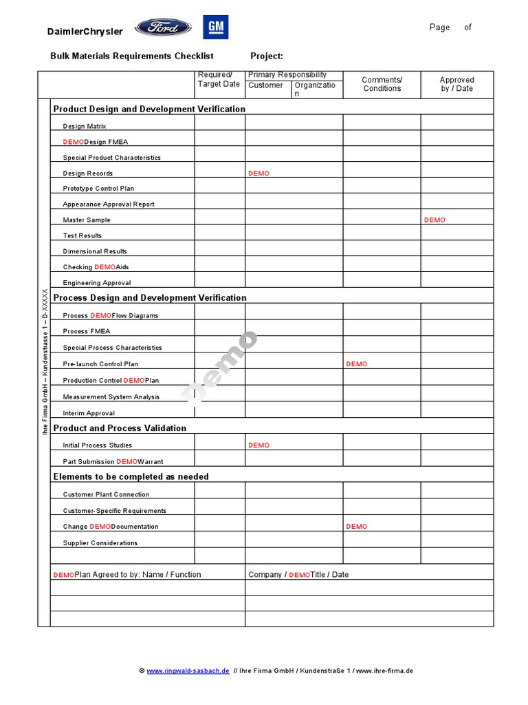 Bulk Materials Requirements Checklist | PDF | Business Process | Analysis