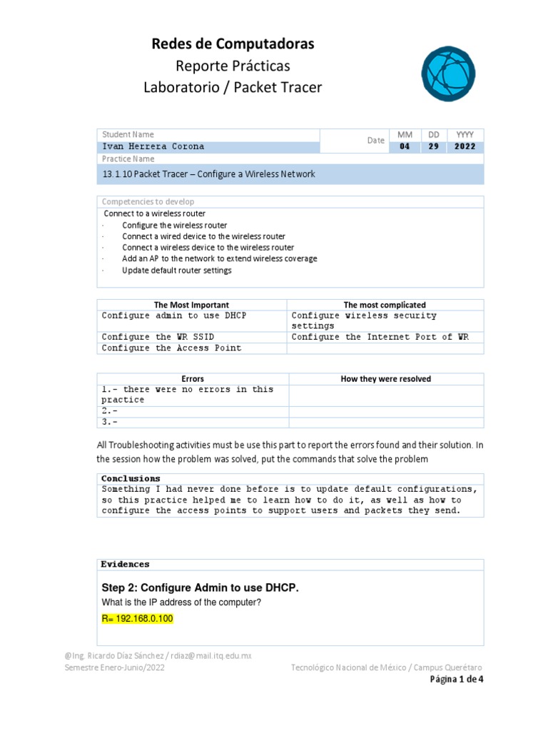 13 1 10 Packet Tracer Configure A Wireless Network Pdf Router Computing Computer Network