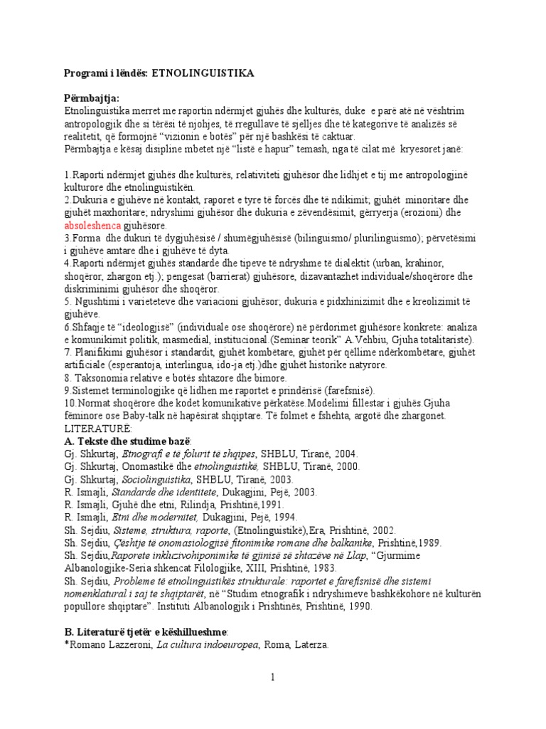 Programi I Lëndës Etnolinguistik | PDF