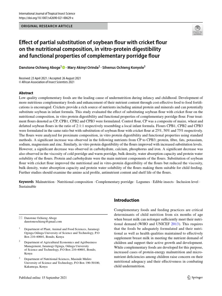 Effect of Partial Substitution of Soybean Flour With Cricket Flour On The Nutritional ...