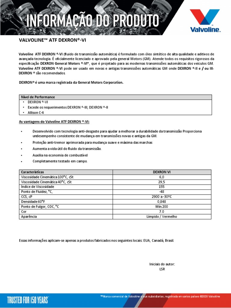 Ficha Tecnica Valvoline ATF DEXRON VI | PDF | General Motors
