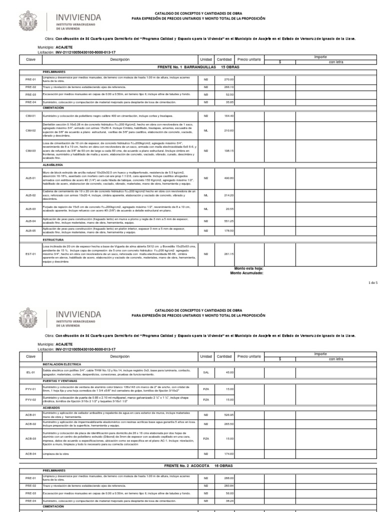 Catalogo de Conceptos Inv - 013 | PDF | Hormigón | Albañilería
