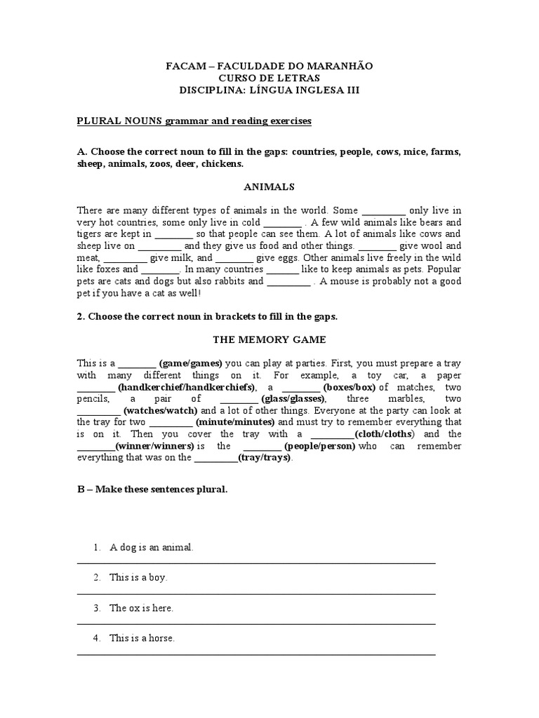 Atividade - Plural of Nouns | PDF | Animals And Humans