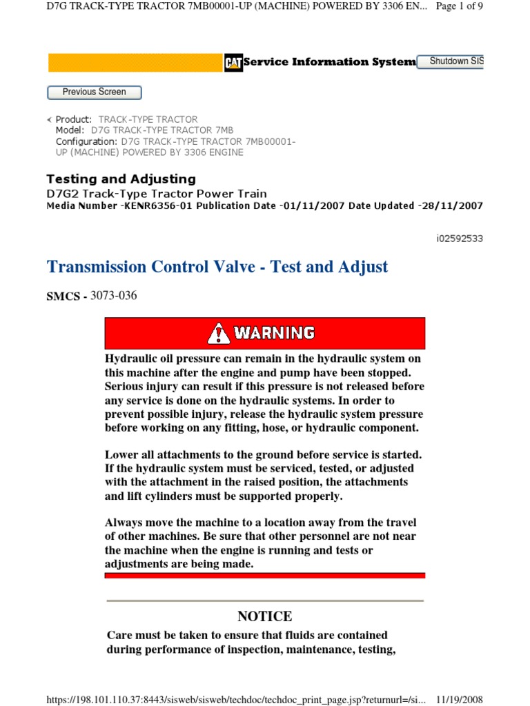 Transmission Control Valve - Test and Adjust Procedure for D7G Track ...